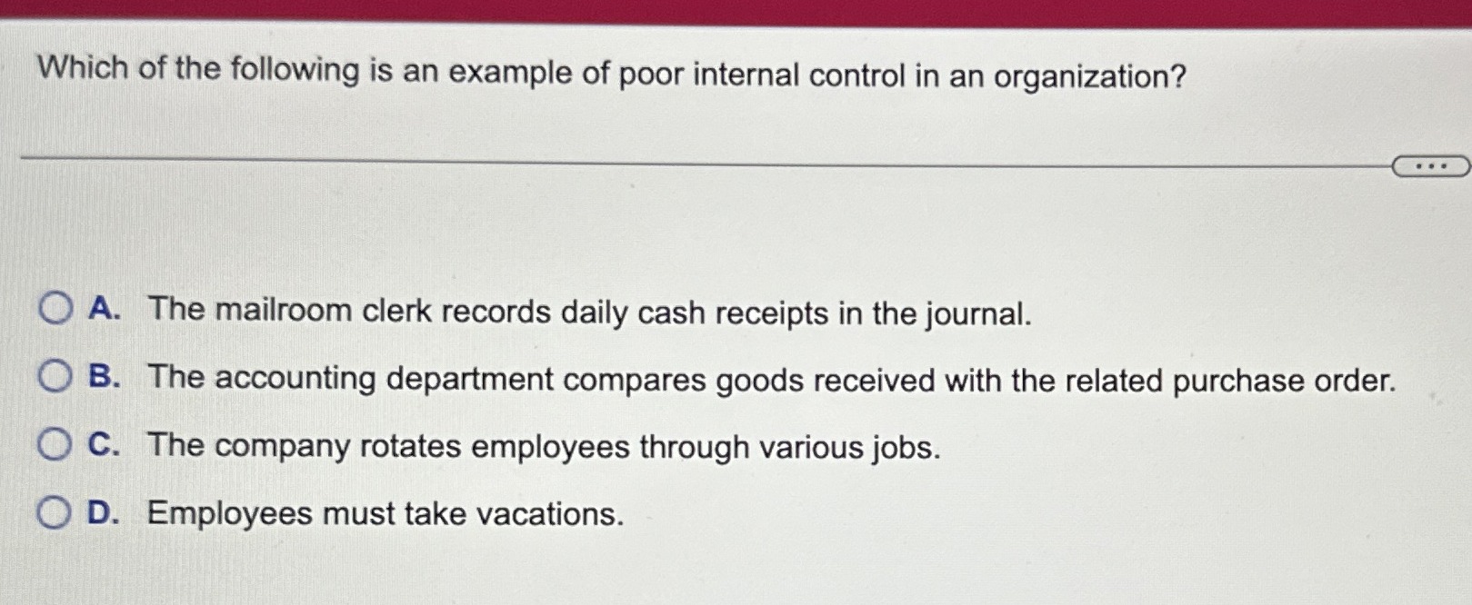 Solved Which of the following is an example of poor internal | Chegg.com