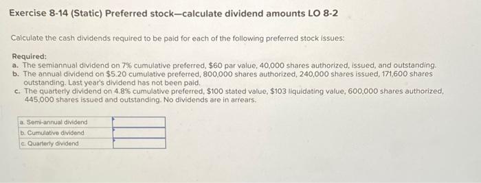 Solved Exercise 8-14 (Static) Preferred stock-calculate | Chegg.com
