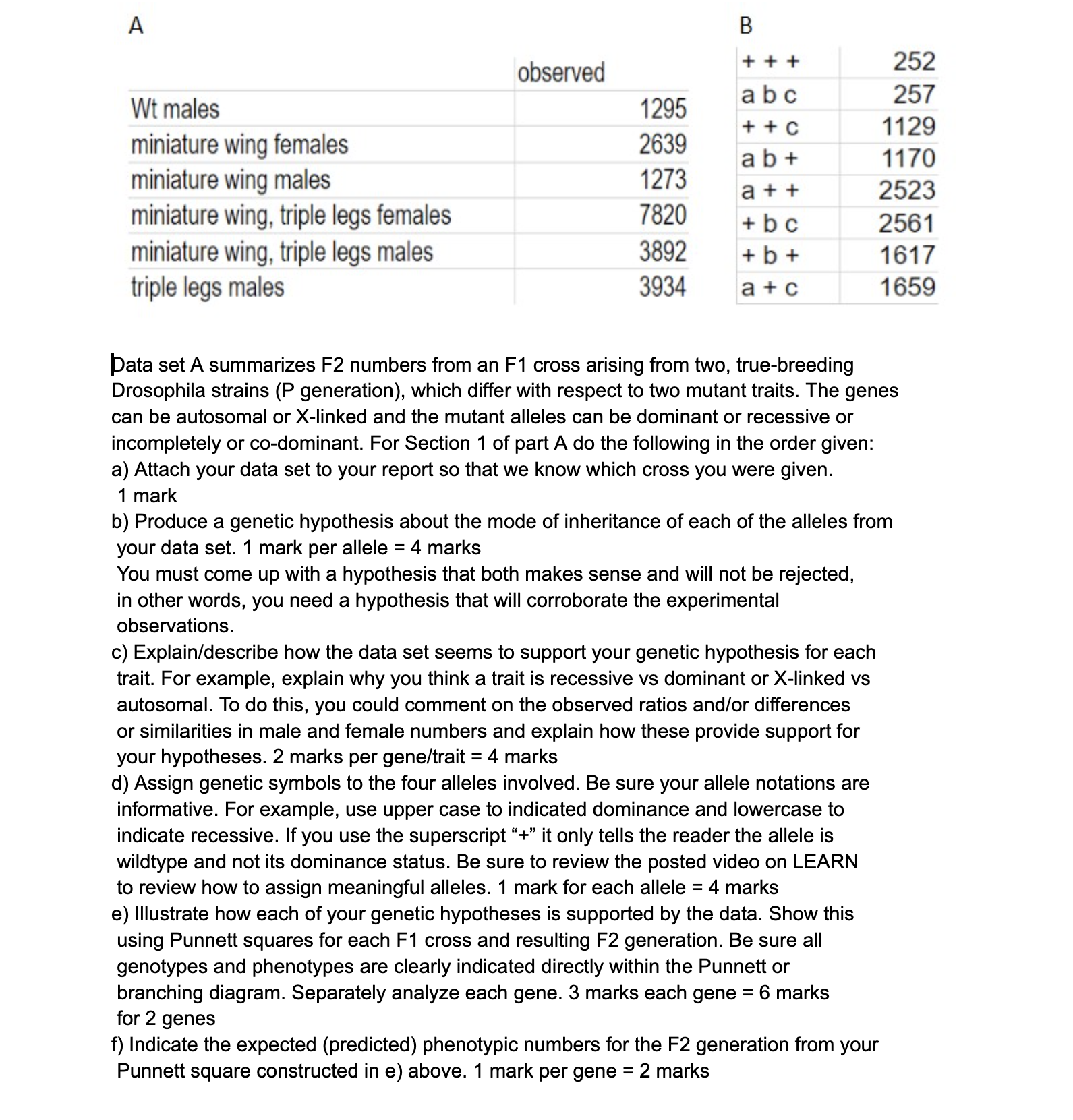 Data set A summarizes F2 ﻿numbers from an F1 ﻿cross | Chegg.com