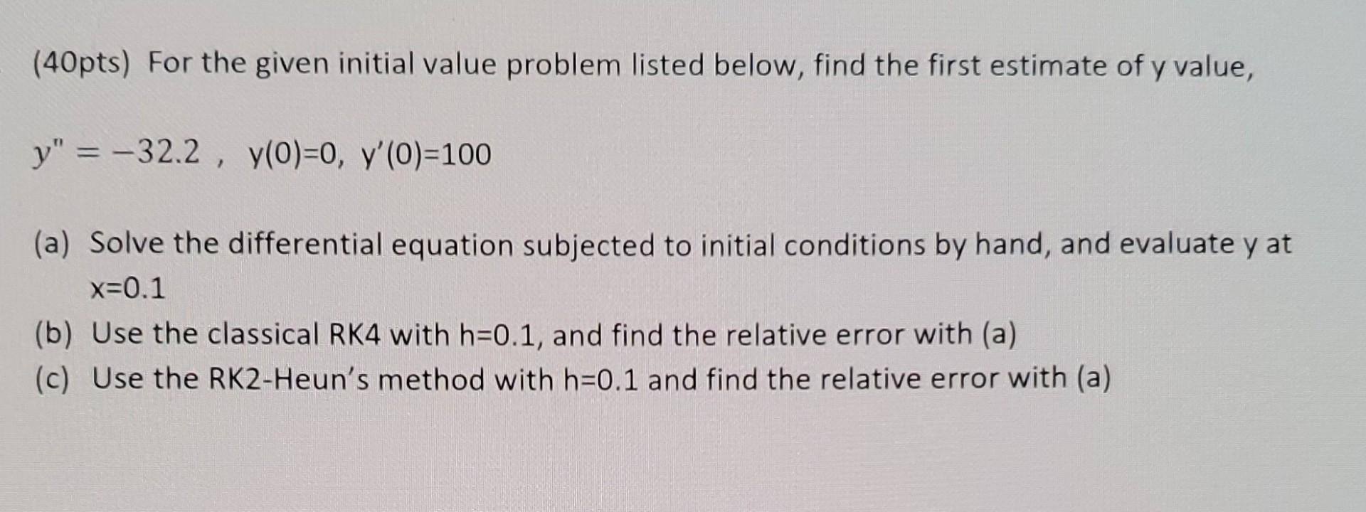 Solved (40pts) For the given initial value problem listed | Chegg.com