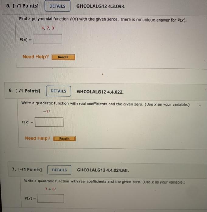 Solved 5. [-/1 Points) DETAILS GHCOLALG12 4.3.098. Find a | Chegg.com