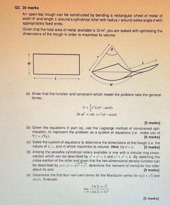 Solved Q2. 30 marks An open-top trough can be constructed by | Chegg.com