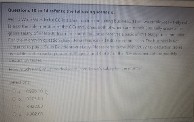 Solved Questions 10 ﻿to 14 ﻿refer to the following | Chegg.com