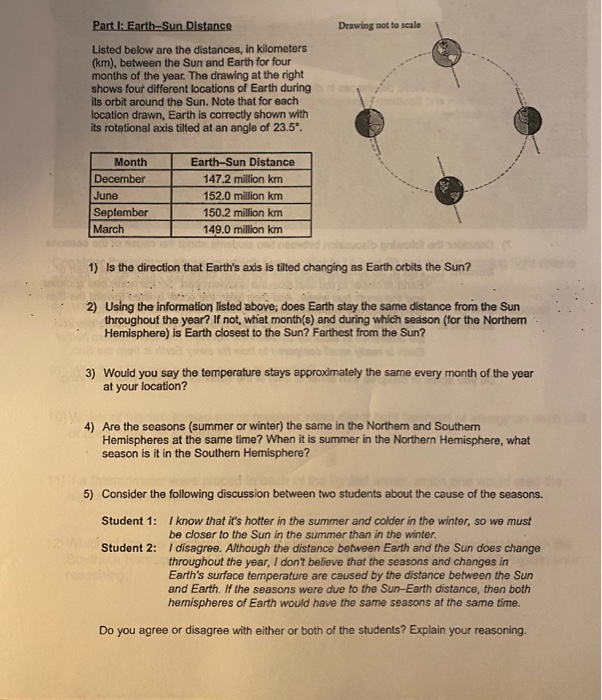 Solved Part I: Earth-Sun Distance Drawing not to scale | Chegg.com