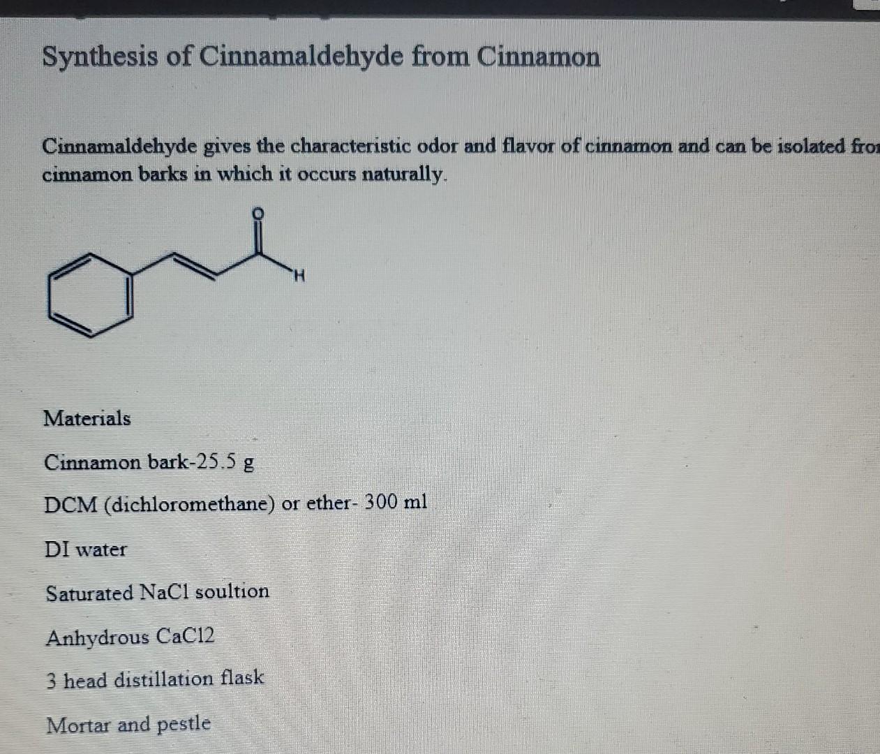 Solved Synthesis of Cinnamaldehyde from Cinnamon | Chegg.com