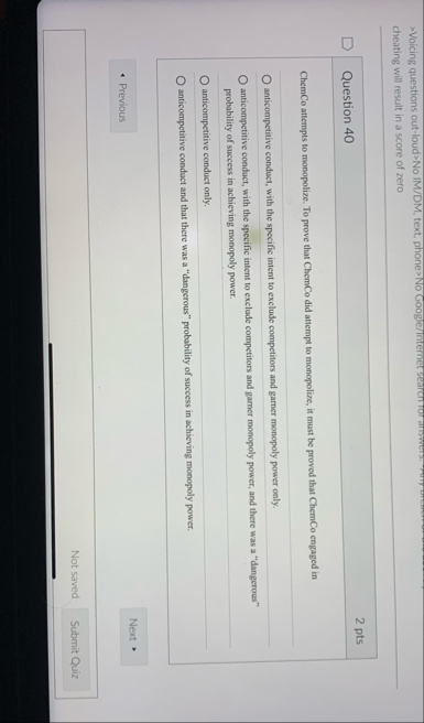 Solved Question 402 ﻿ptsChemCo attempts to monopolize. To | Chegg.com