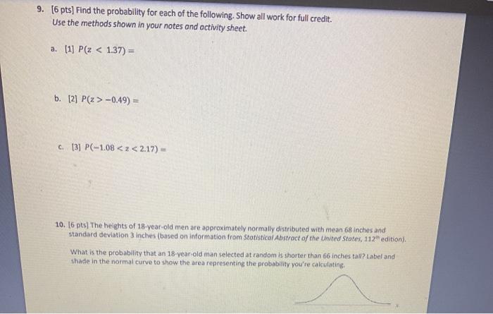 Solved 9. (6 pts) Find the probability for each of the | Chegg.com