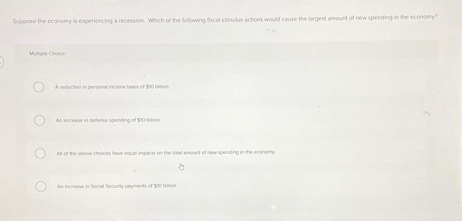 Solved Suppose the economy is experiencing a recession. | Chegg.com