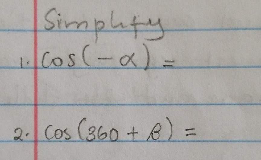 Solved Simplify cos(-a)= 2. Cos (360 + B) = | Chegg.com