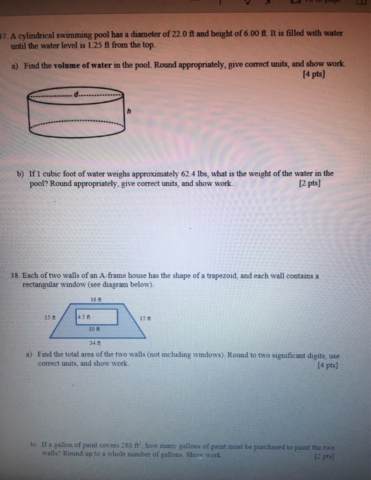 Solved 37. A cylindrical swimming pool has a diameter of | Chegg.com