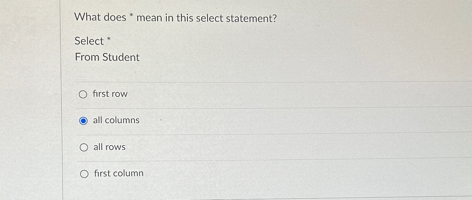 Solved What does * ﻿mean in this select statement?Select | Chegg.com