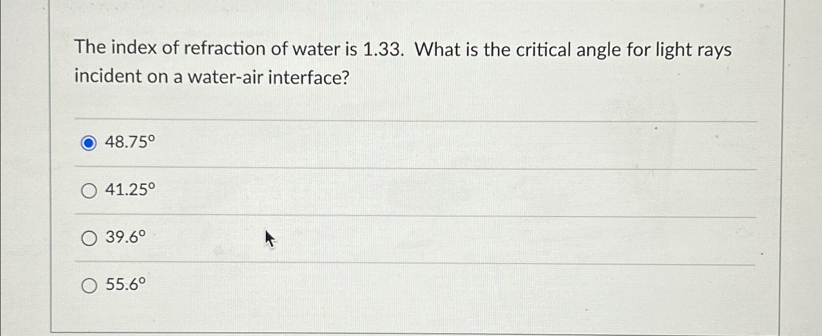 Solved The index of refraction of water is 1.33. ﻿What is | Chegg.com