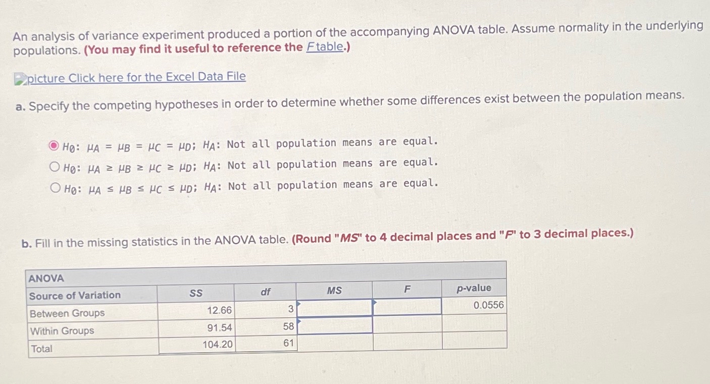 Solved An analysis of variance experiment produced a portion | Chegg.com