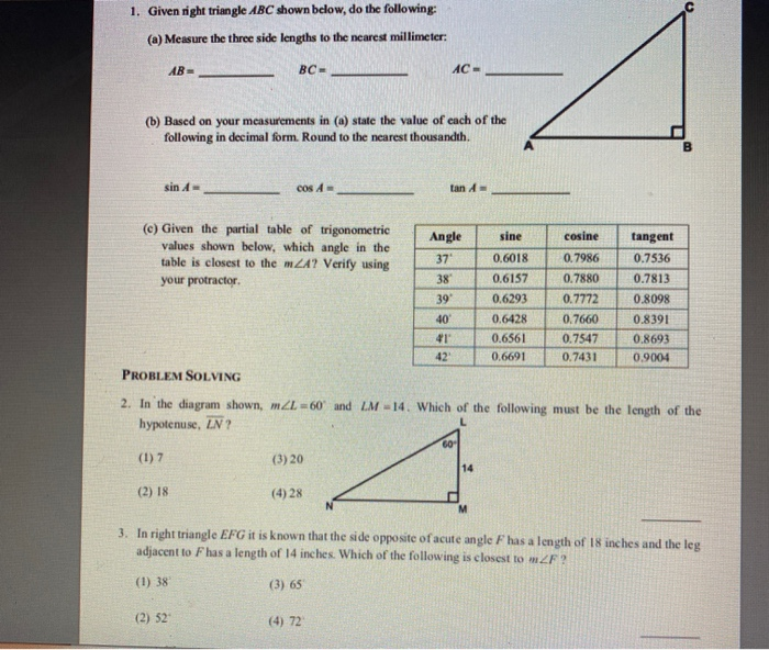 Solved 1. Given night triangle ABC shown below, do the | Chegg.com