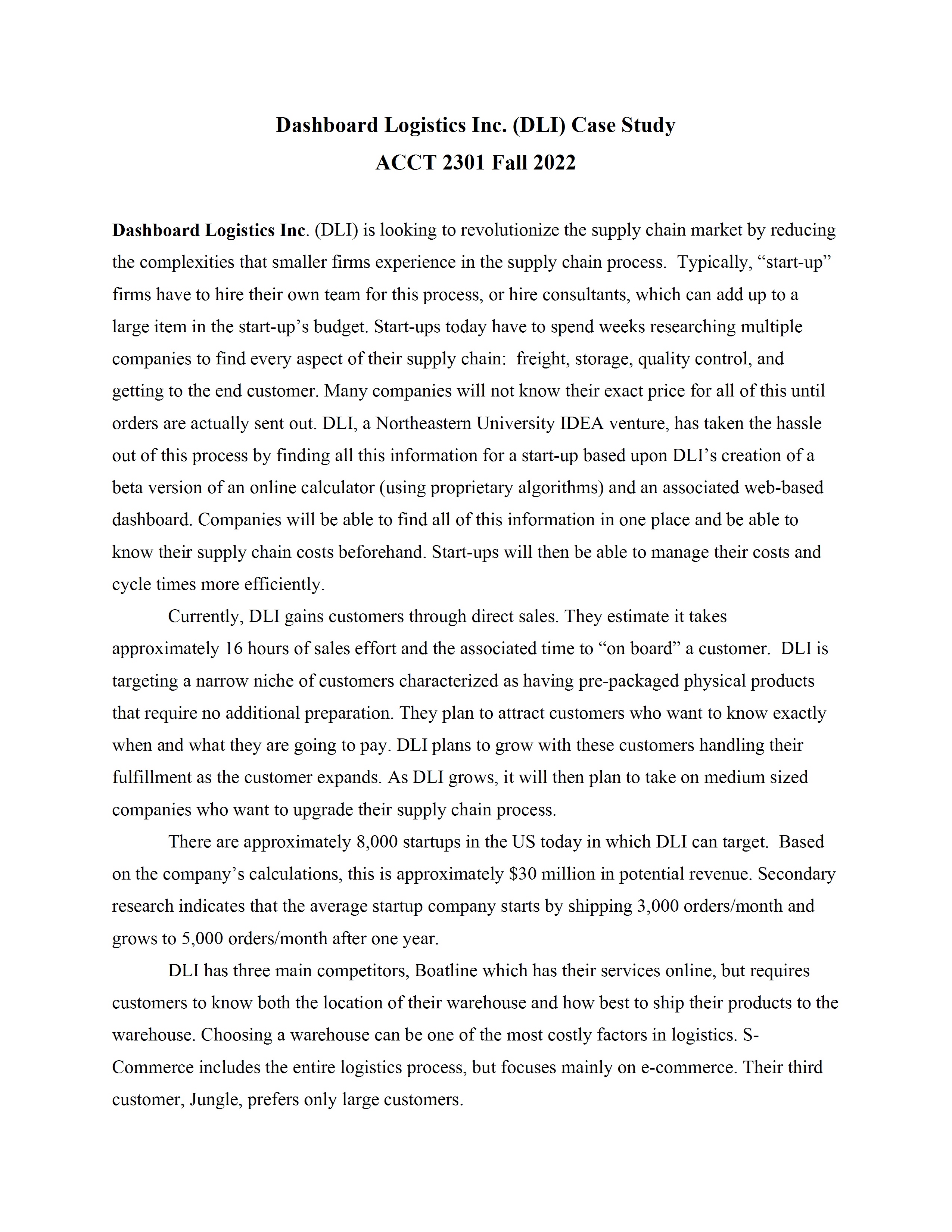 Solved Dashboard Logistics Inc. (DLI) ﻿Case StudyACCT 2301 | Chegg.com