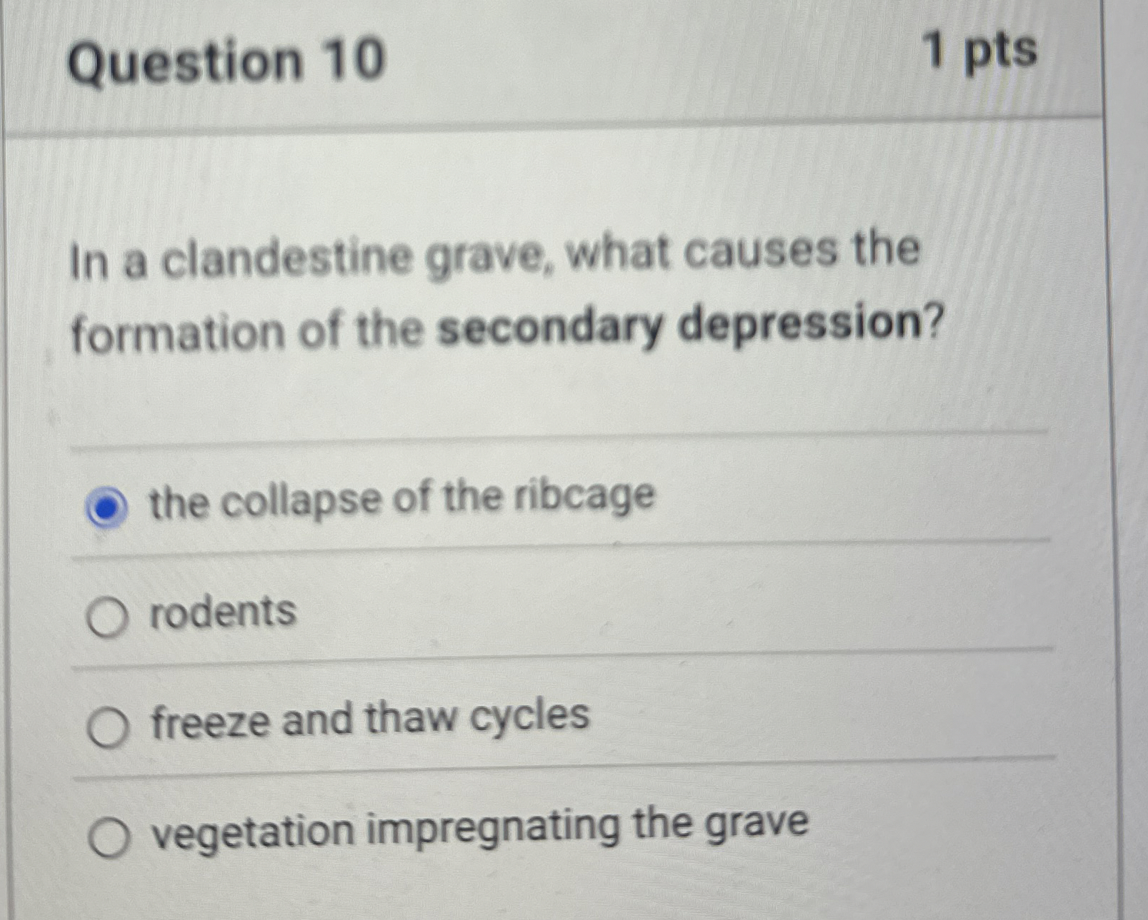 Solved Question 101 ﻿ptsIn a clandestine grave, what causes | Chegg.com