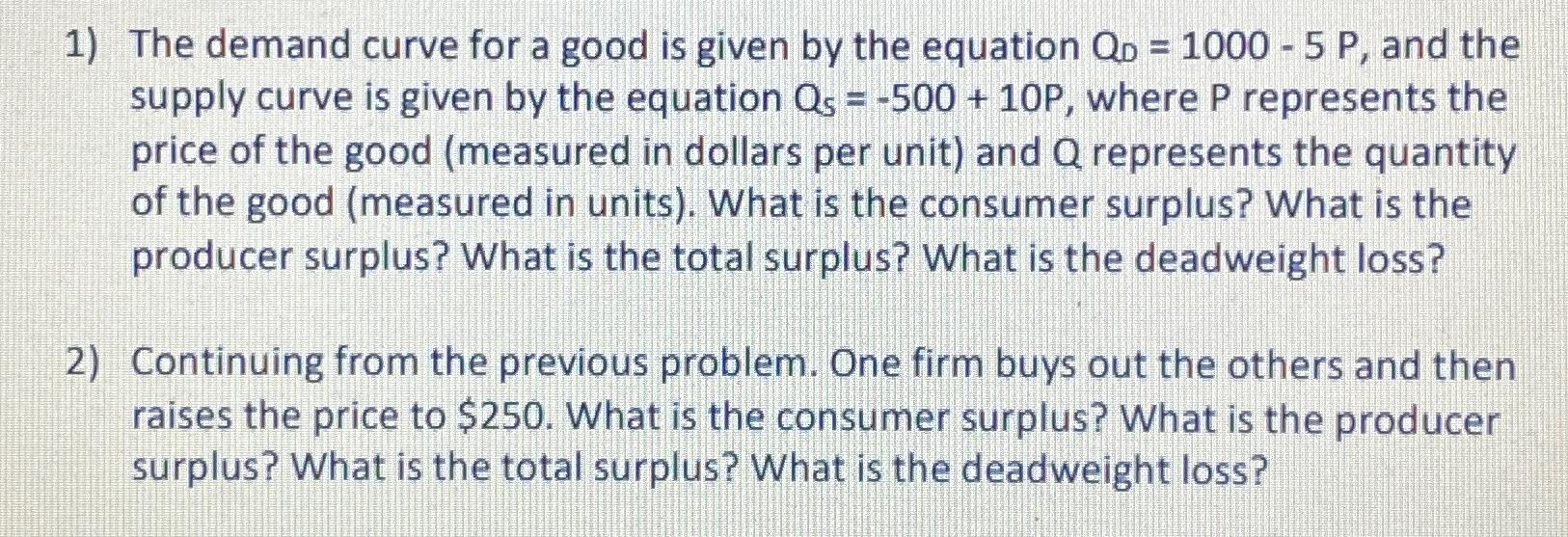 Solved The demand curve for a good is given by the equation | Chegg.com