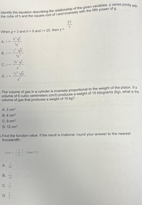 Solved Identify The Equation Describing The Relationship Of
