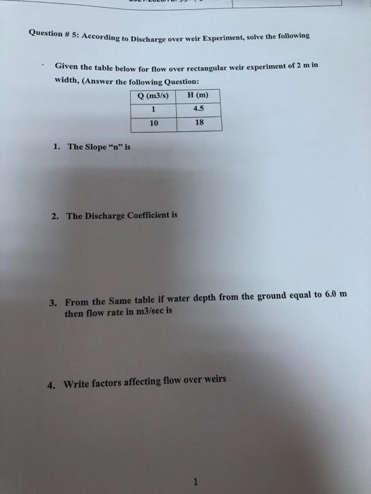 Solved Question \# 5: According to Discharge over weir | Chegg.com
