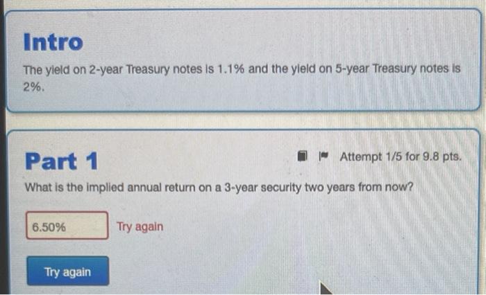 Solved Intro The yield on 2-year Treasury notes is 1.1% and | Chegg.com