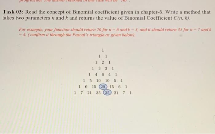 Solved Task 03: Read the concept of Binomial coefficient | Chegg.com