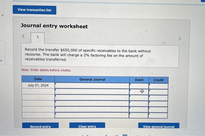 Solved Journal entry worksheet Record the transfer $650,000 | Chegg.com