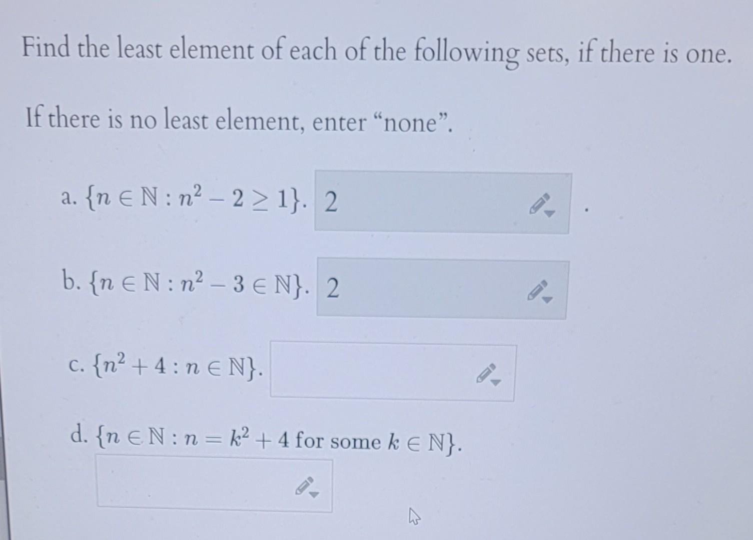 Solved Find the least element of each of the following sets, | Chegg.com