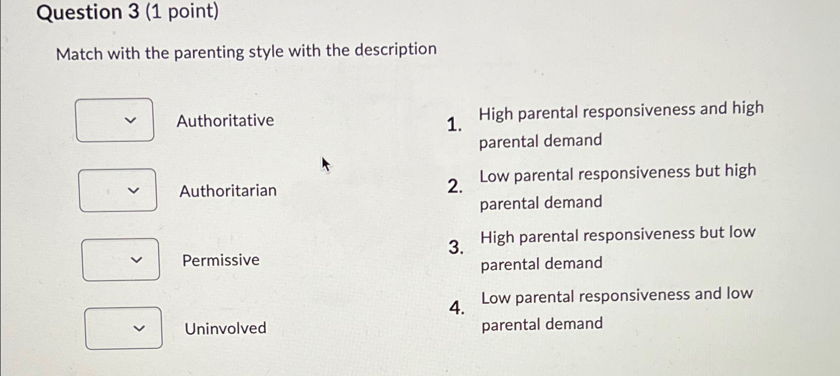 Solved Question 3 (1 ﻿point)Match with the parenting style | Chegg.com