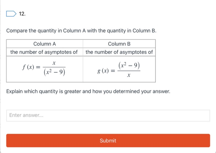 Solved D 12. Compare the quantity in Column A with the | Chegg.com