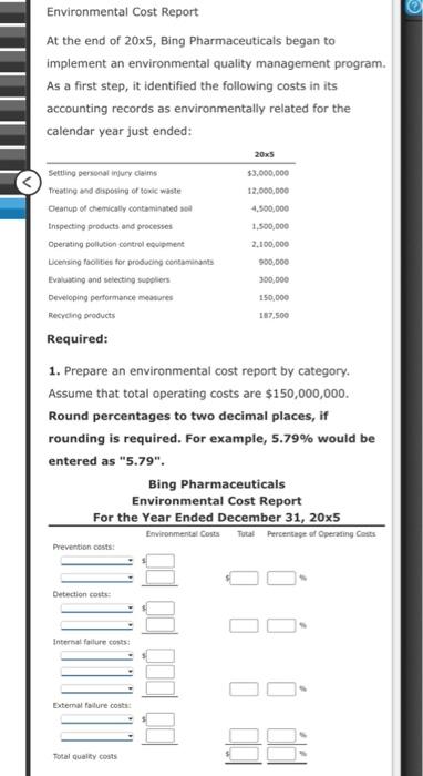 Solved Environmental Cost Report At the end of 20×5, Bing | Chegg.com