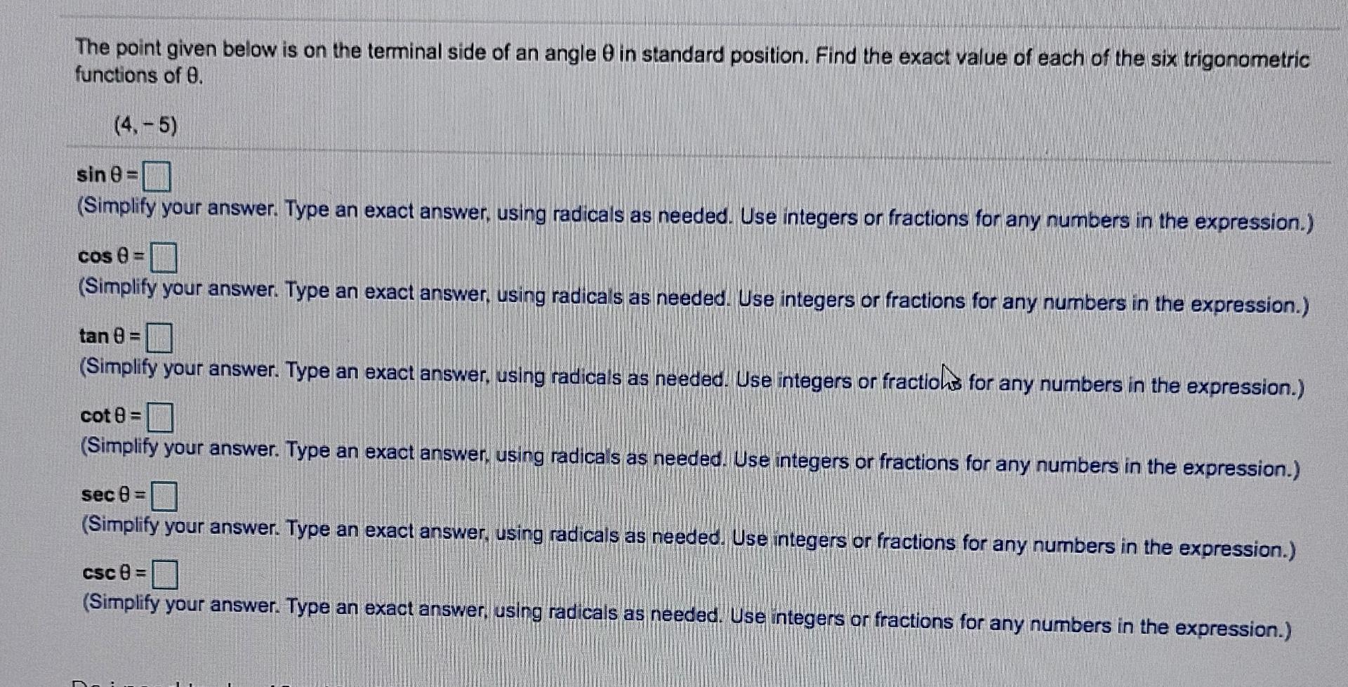 Solved The point given below is on the terminal side of an | Chegg.com