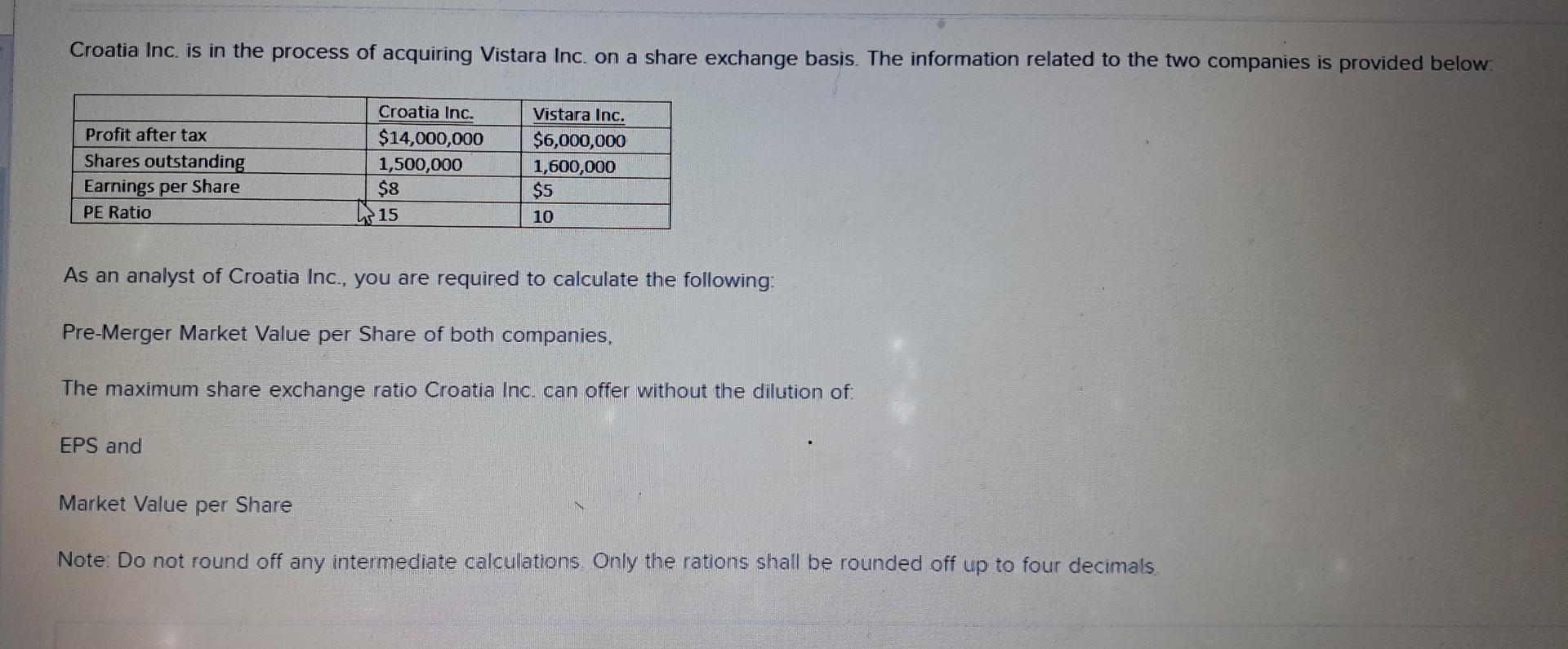 Solved Croatia Inc. is in the process of acquiring Vistara | Chegg.com