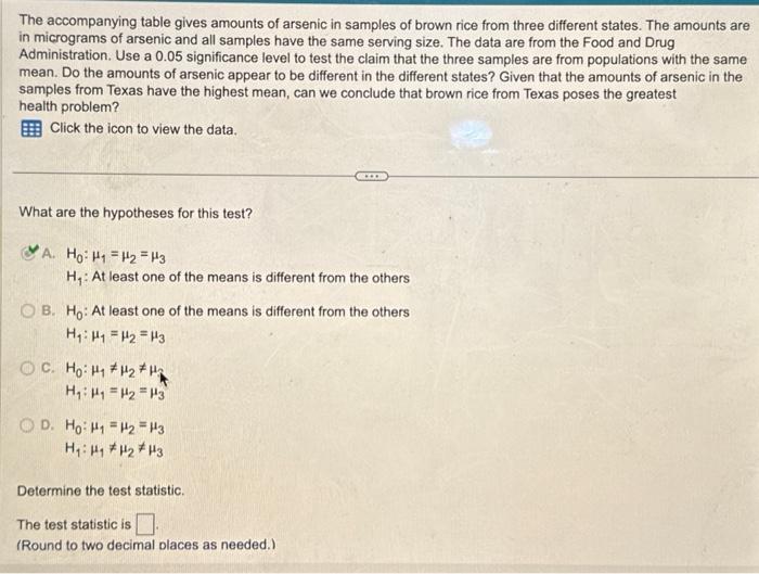 Solved The accompanying table gives amounts of arsenic in | Chegg.com