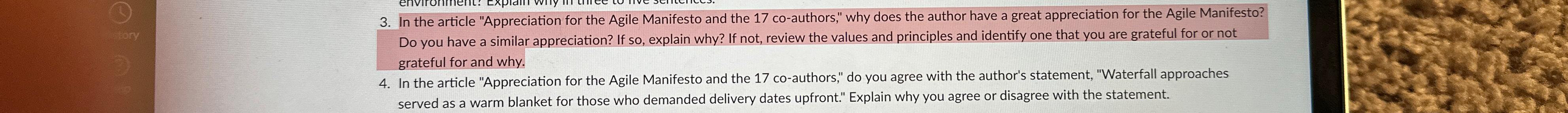 Solved In the article "Appreciation for the Agile Manifesto | Chegg.com