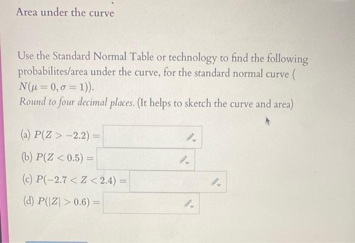 Solved Area under the curve Use the Standard Normal Table or | Chegg.com