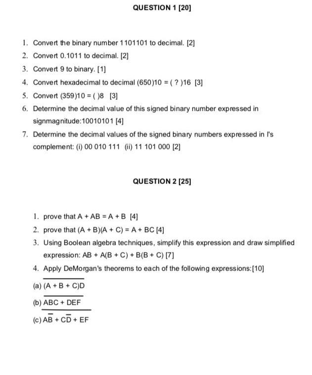 Solved QUESTION 1 [20] 1. Convert the binary number 1101101 | Chegg.com