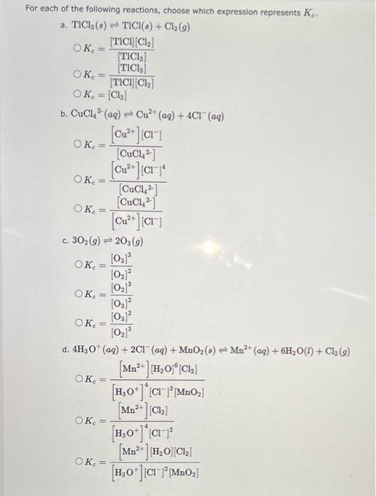 Solved a. TlCl3(s)⇌TlCl(s)+Cl2(g) | Chegg.com