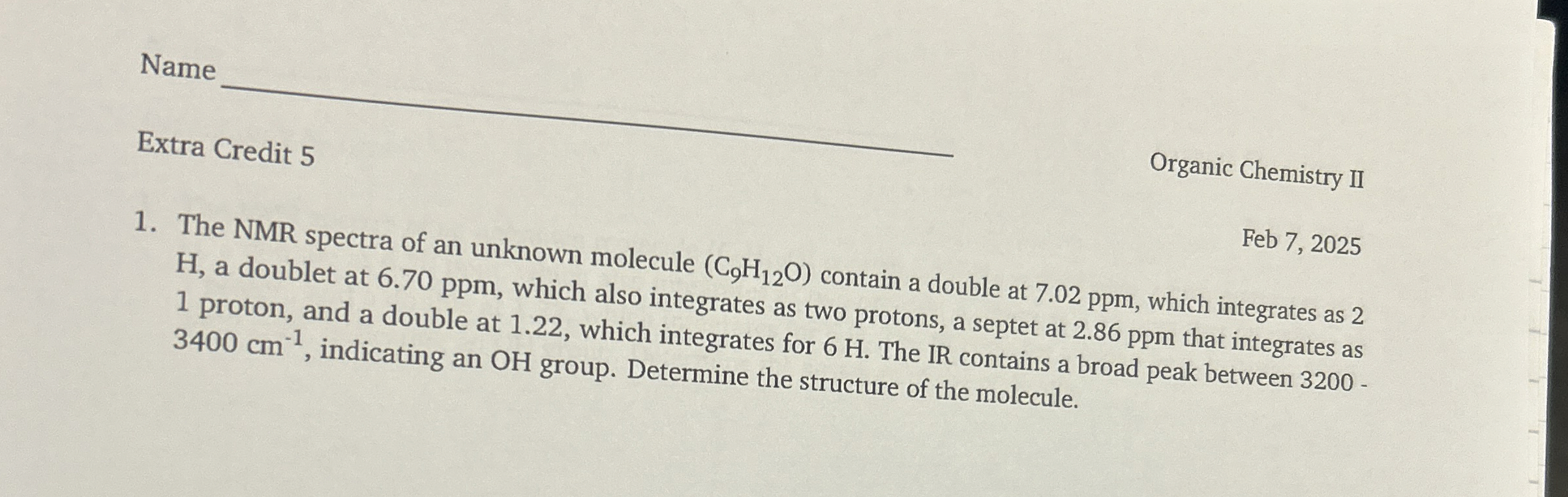 Solved Name q,Extra Credit 5Organic Chemistry IIThe NMR | Chegg.com