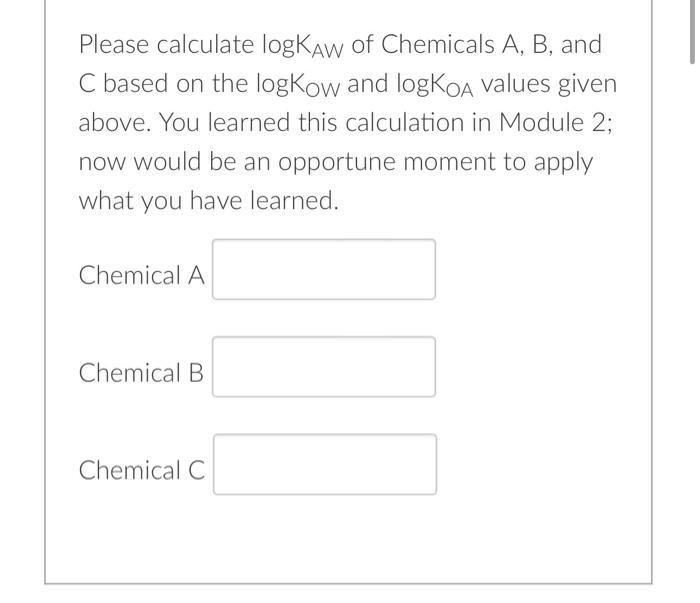 Solved Chemical A(logKOA=−1 and logKOW=−1), which is | Chegg.com