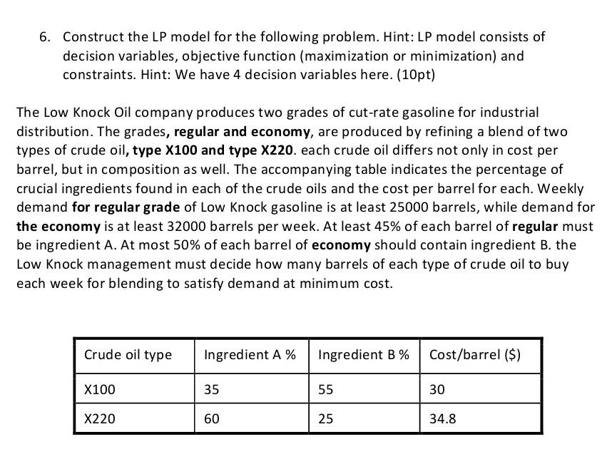 Solved 6. Construct the LP model for the following problem. | Chegg.com