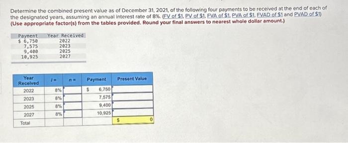 Solved Determine the combined present value as of December | Chegg.com