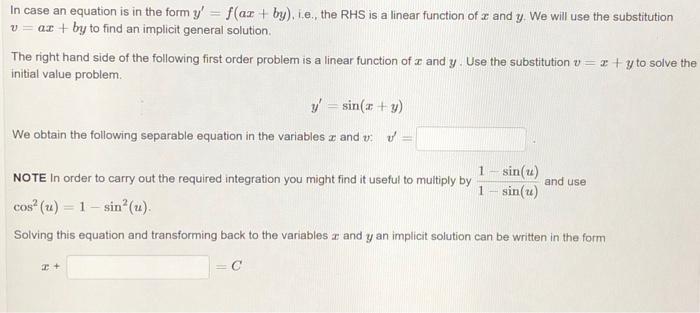 Solved In case an equation is in the form y′=f(ax+by), Le., | Chegg.com
