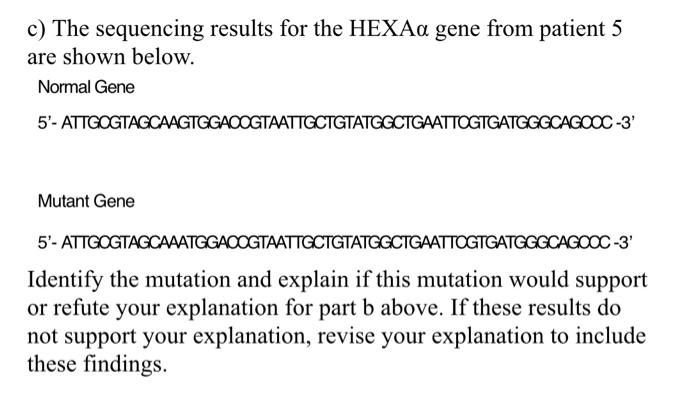 Solved c) The sequencing results for the HEXA α gene from | Chegg.com