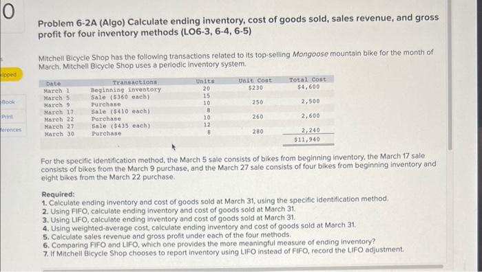 Solved Problem 6-2A (Algo) Calculate ending inventory, cost | Chegg.com