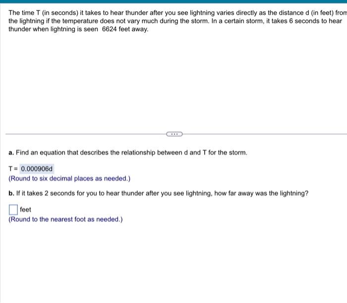 Solved The time T (in seconds) it takes to hear thunder | Chegg.com