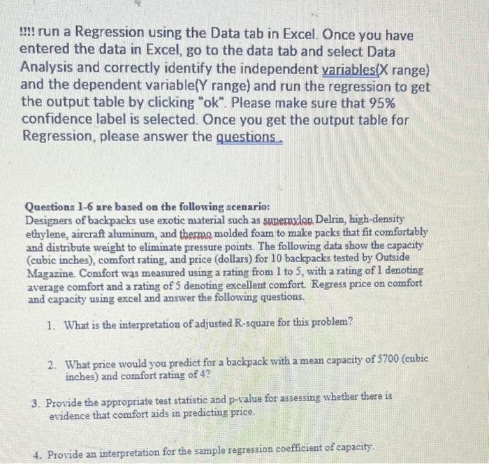 Solved IM!! run a Regression using the Data tab in Excel. | Chegg.com