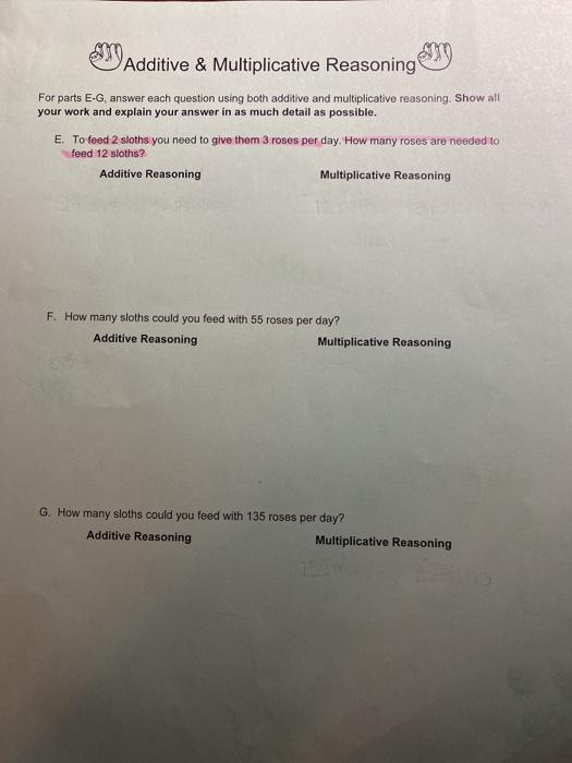 Solved Additive & Multiplicative Reasoning For parts E-G, | Chegg.com