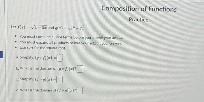 Solved Composition of Functions Practice Let f(x)=1−5x and | Chegg.com
