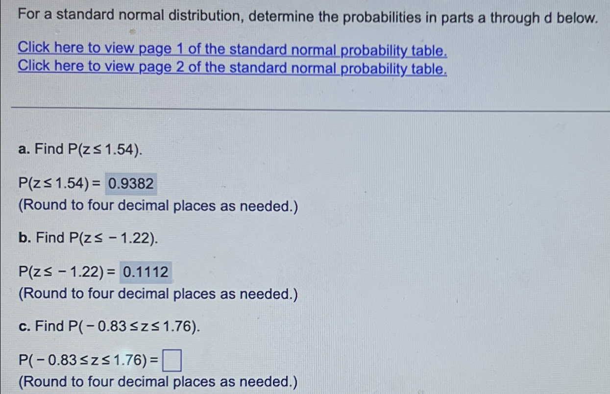 Solved For a standard normal distribution, determine the | Chegg.com