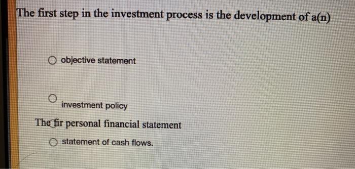 Solved The first step in the investment process is the | Chegg.com